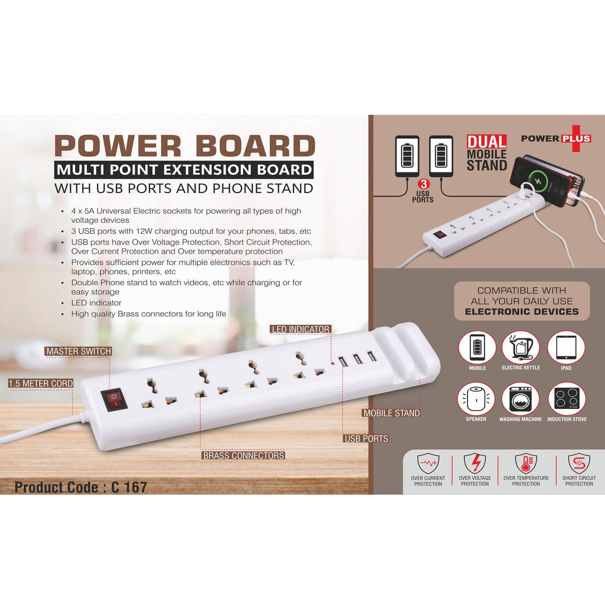 Power Board: Multi point extension board with USB ports and phone stan